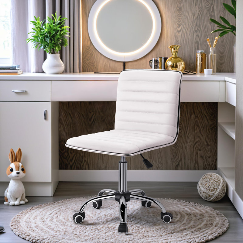 Ivy Bronx Mid Back Vanity Chair For Powder Room Low Back PU Leather Swivel Computer Desk Chair Vintage Task And Office Chair With Ribbed Armless Wayfair